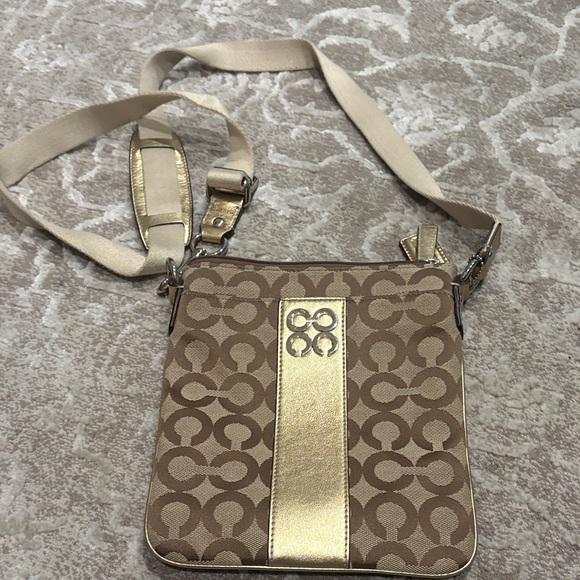 Coach | Bags | Coach Signature Tan And Gold Crossbody Bag | Poshmark